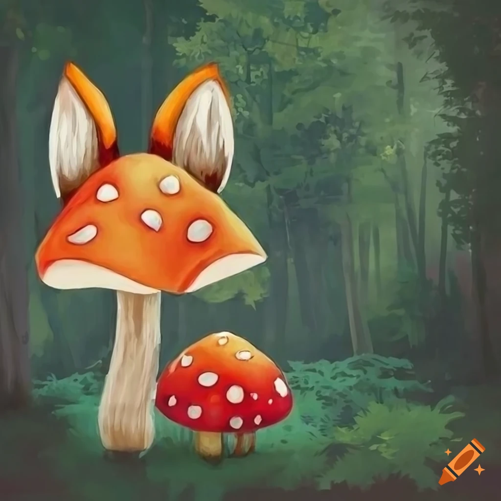 Fox-shaped orange mushroom with fox ears in forest realistic art on Craiyon
