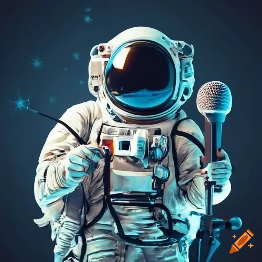 Astronaut holding a microphone and recording a podcast in space