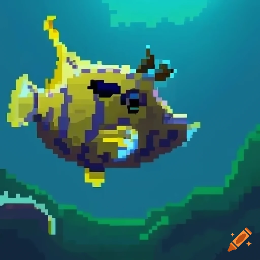 Do a Thornback Cowfish as a 16x16 pixel art for a cute, happy game on ...