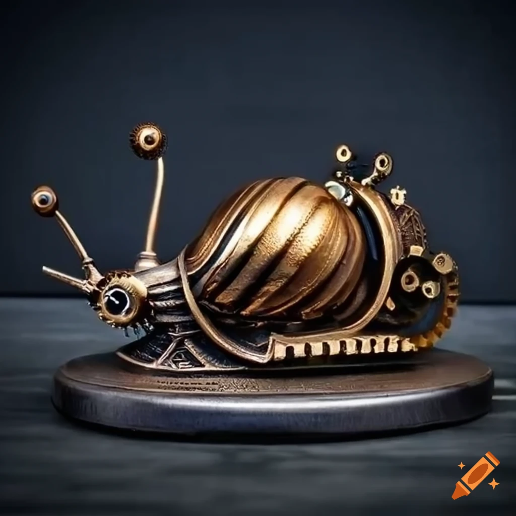 Steampunk mechanical snail made of bronze-copper colored metallic alloy ...