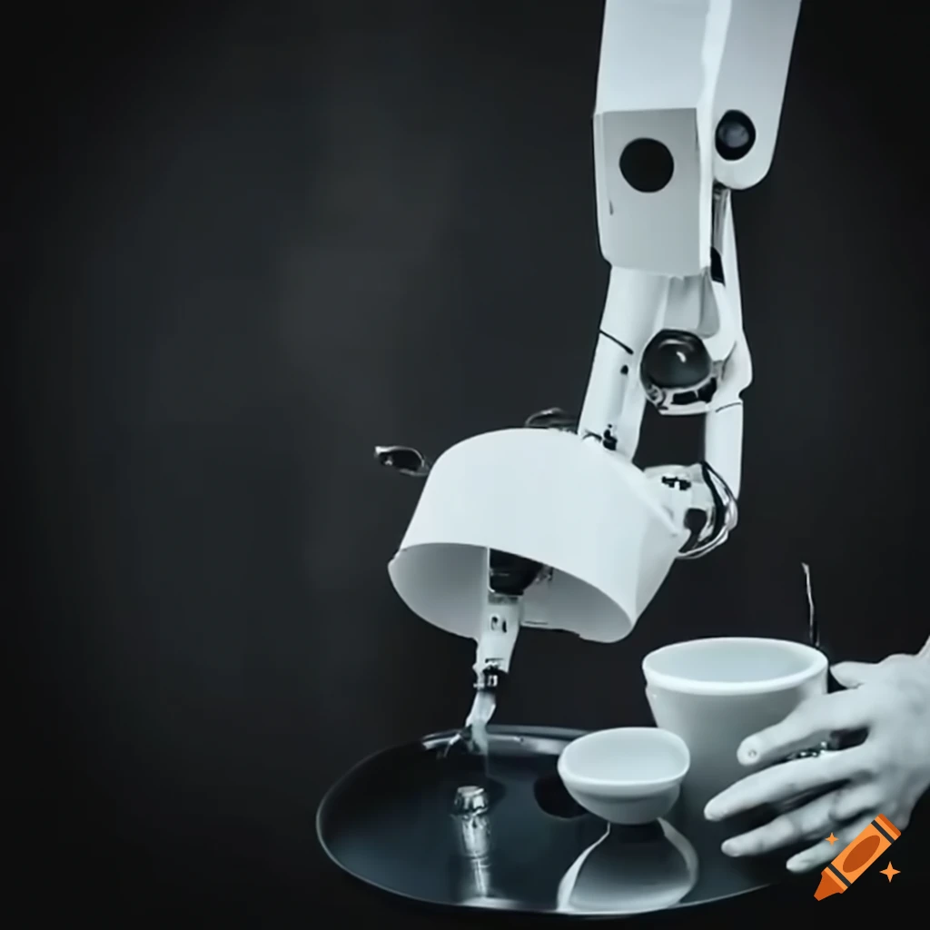 A robotic arm picking a cup from a coffee table on Craiyon
