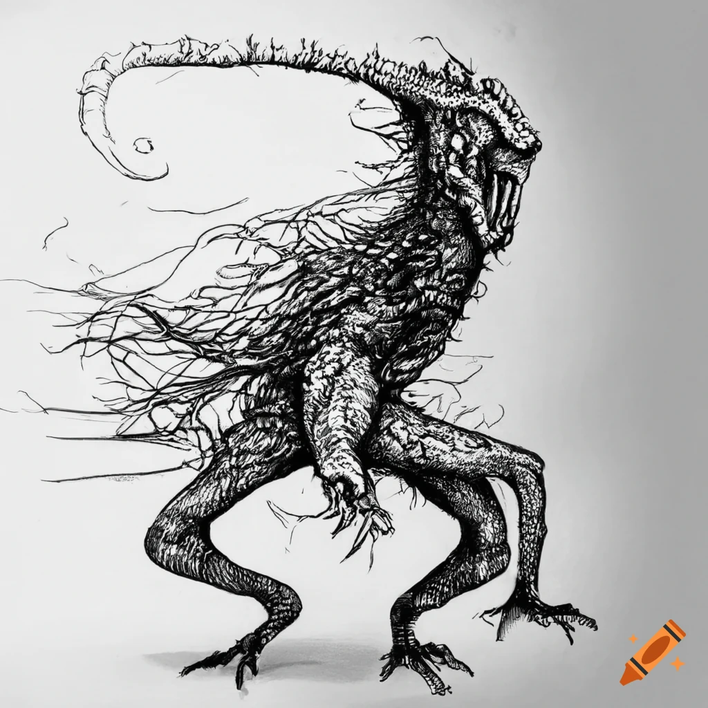 Pen and ink drawing of a fantastic creature on its two legs, the ...