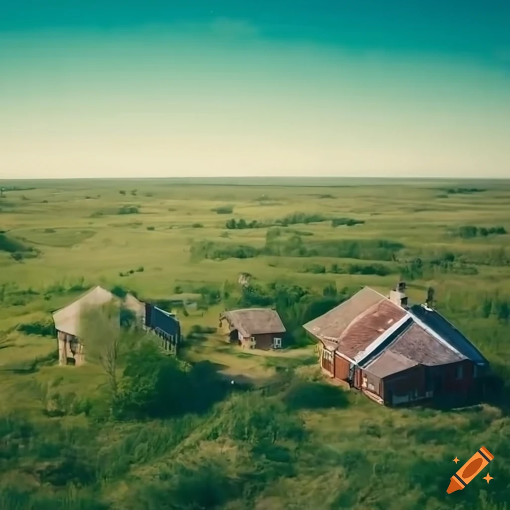 Steppe russian village near the coast green filter drone view