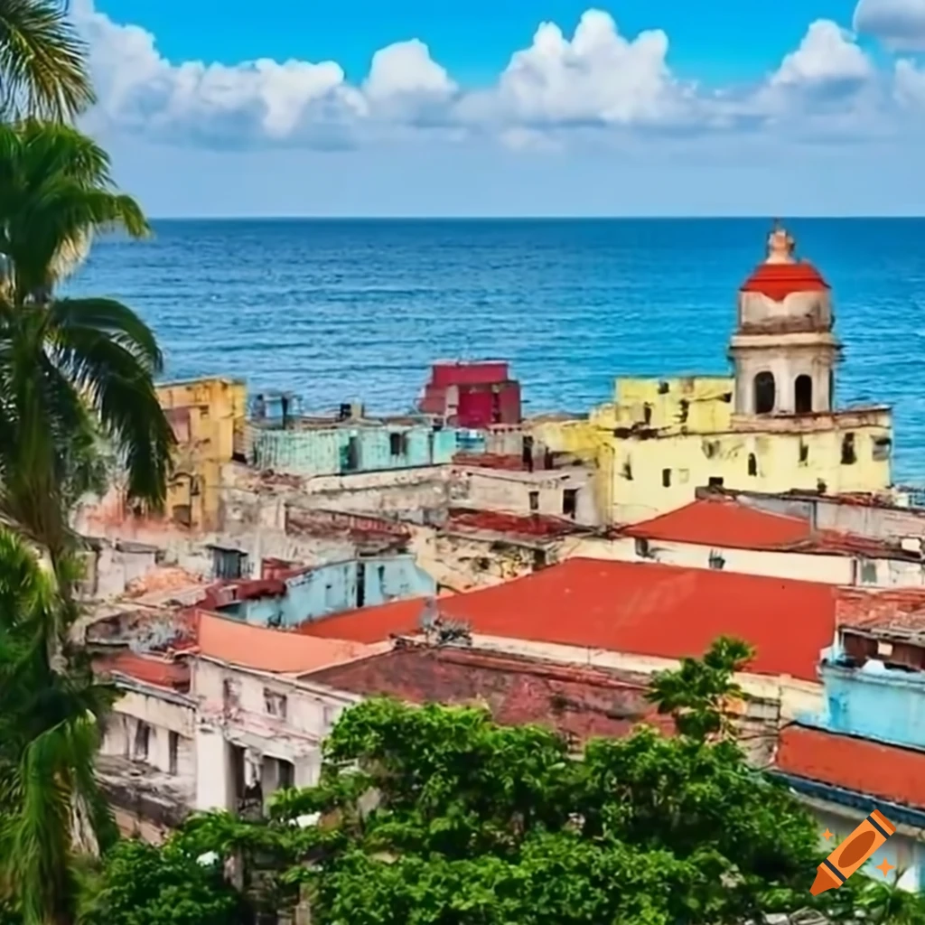 Colorful havana rooftops peeking over the tropical trees by the sea on ...