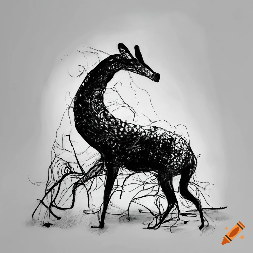 Abstract imaginary animal standing on hind legs drawn in black ink on ...
