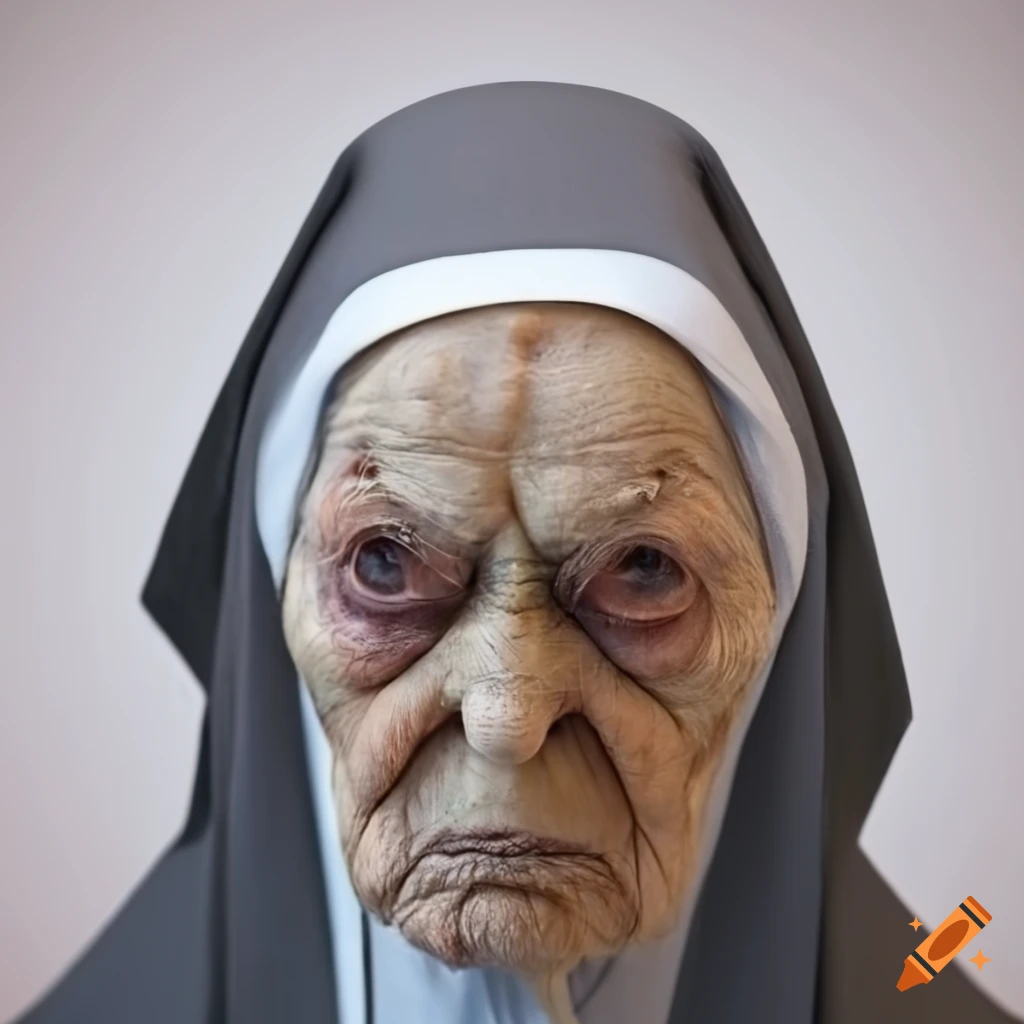 Close-up of a sad old nun on white background on Craiyon