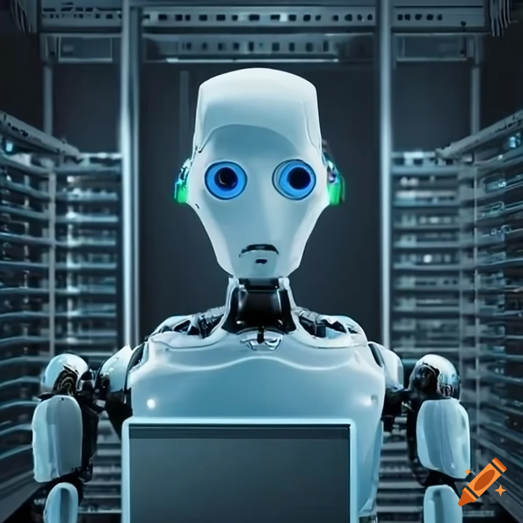 A robot driving a computer with a lot of servers behind on Craiyon