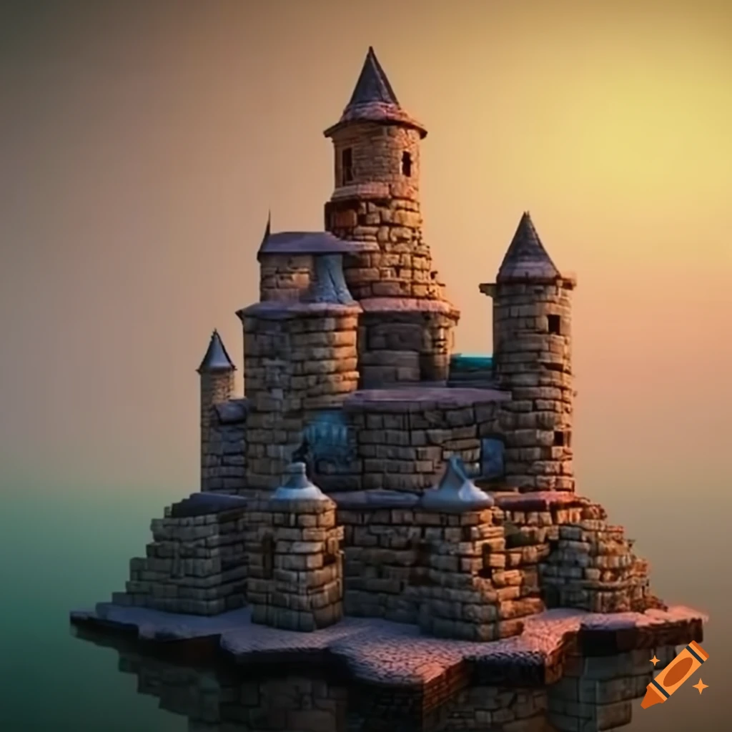 Imagine a towering castle made of weathered stone bricks and ...