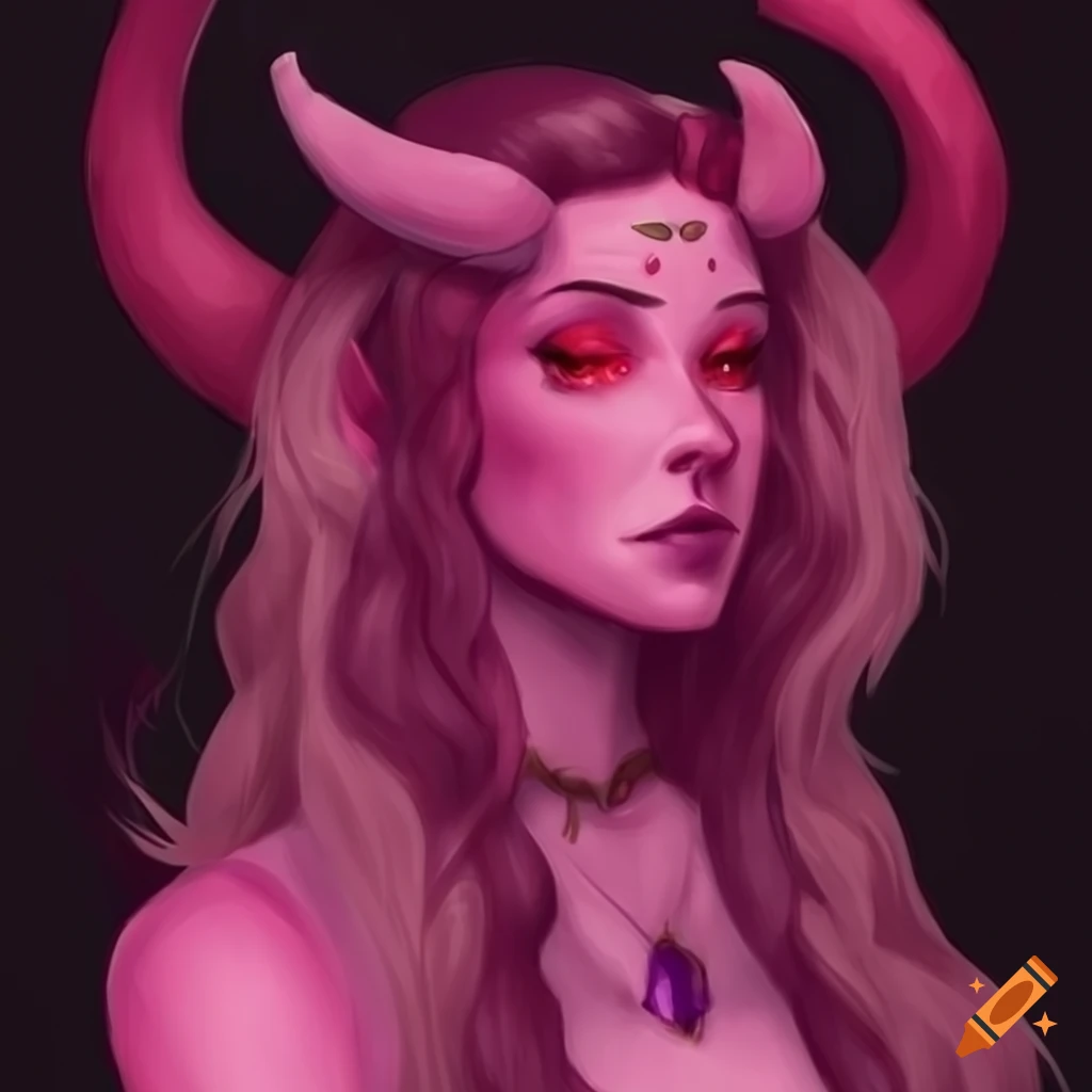 A pink tinge tiefling swordswoman with red eyes, and a jewel in the ...
