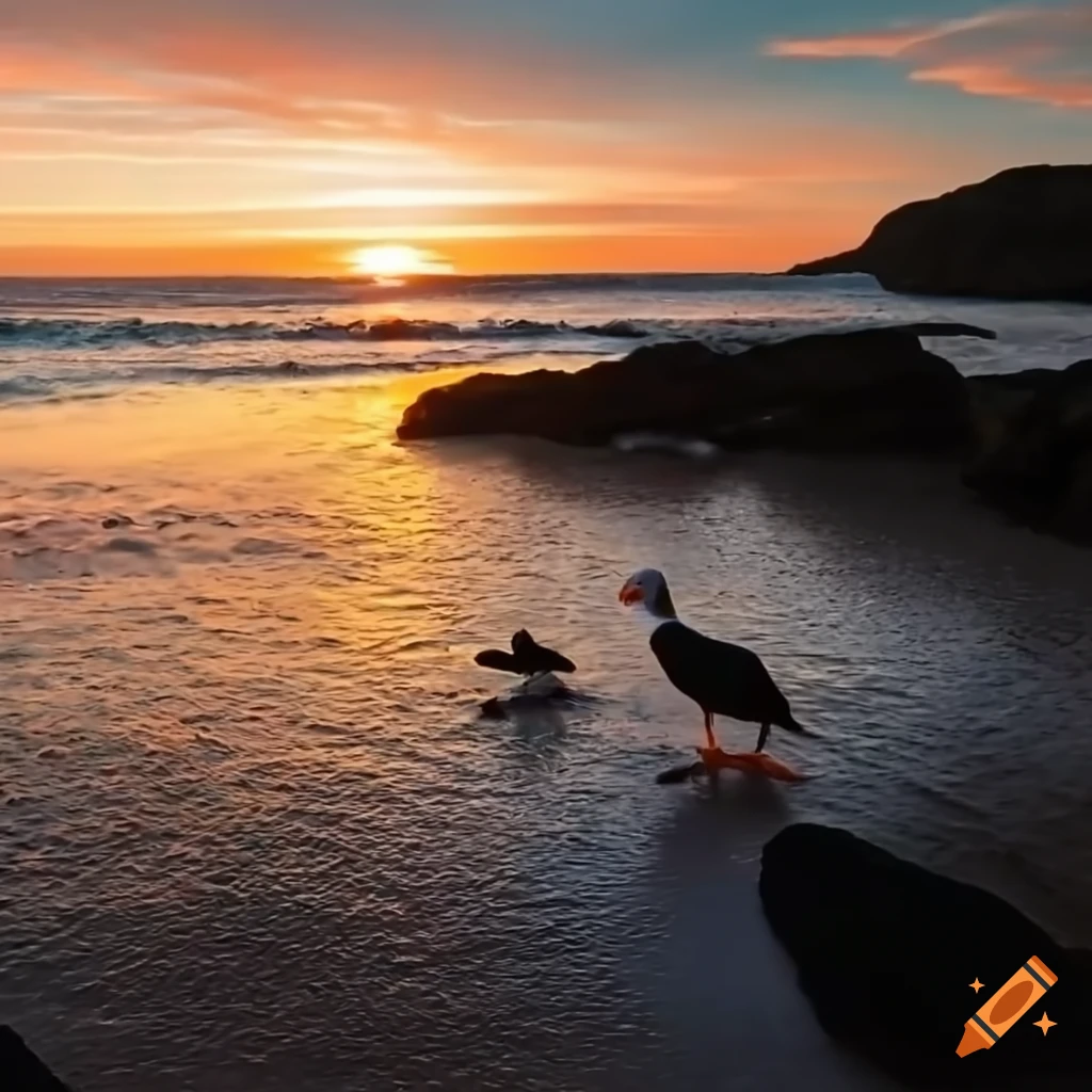 Sunset beach with rocks, waves and a puffin bird in sight on Craiyon