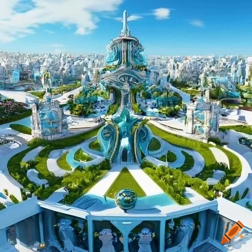 Fantasy, partial aerial view, giant crystal boulevard with gardens and ...