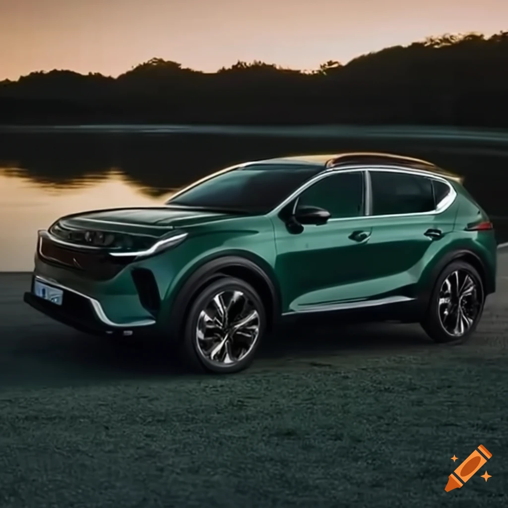 Dark green new kia sportage 2023 during sunset on Craiyon