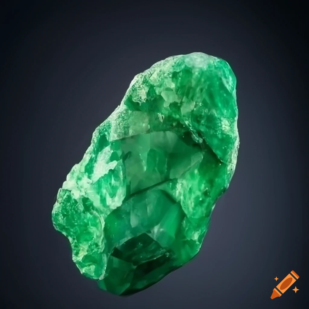 A precious green chrystal rock floating on a deep black background on ...