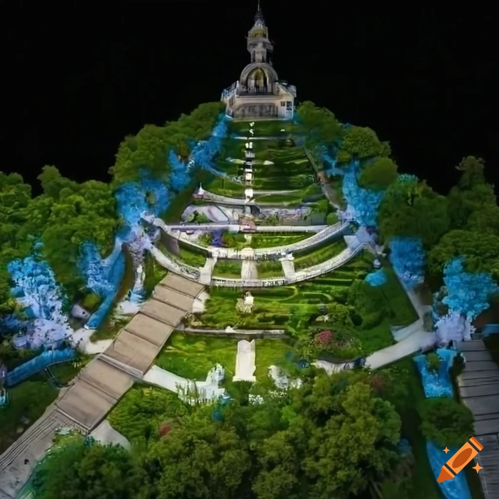Fantasy, partial aerial view, giant crystal boulevard with gardens and ...