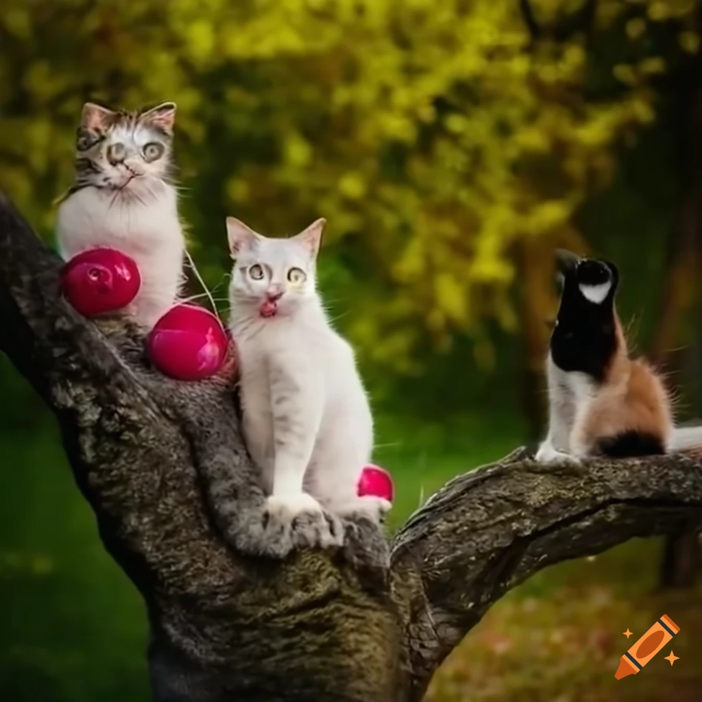 3 cats with different colors sitting in an blooming apple tree on Craiyon