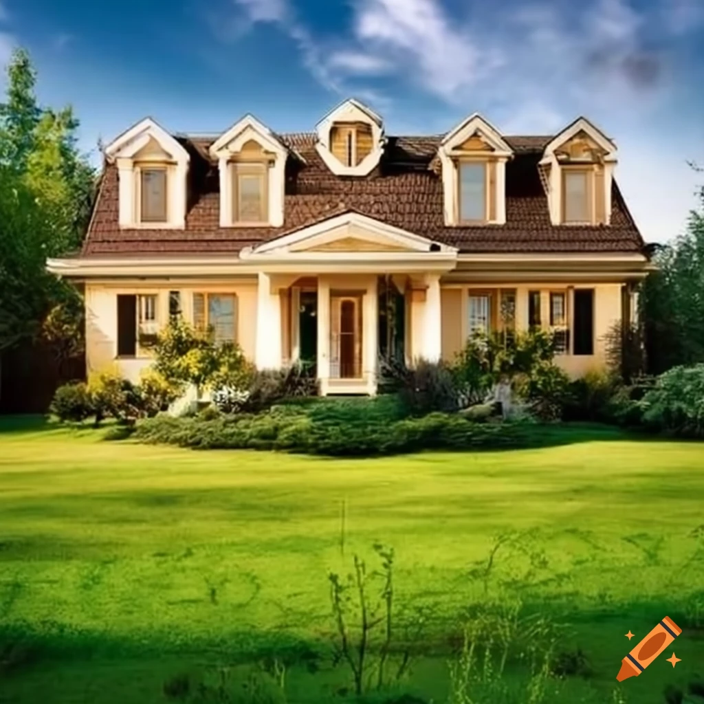 A luxurious house with a wide front yard on a sunny day on Craiyon