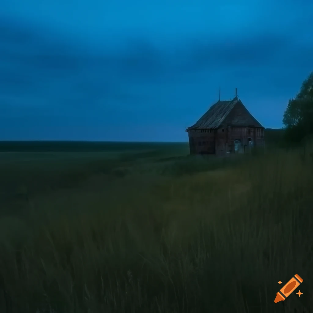 An eye-catching view of a traditional Russian old village in the steppe at dusk near the ...