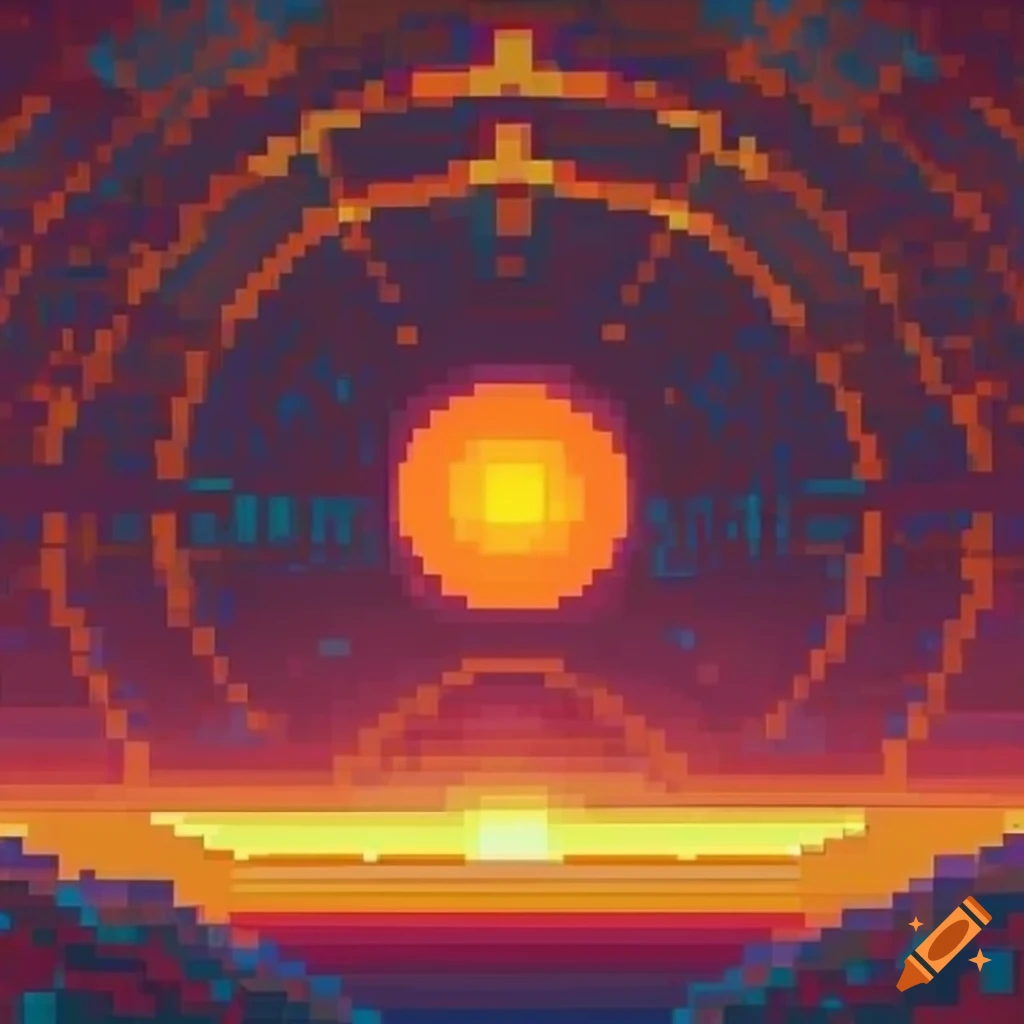 Retro science fiction symmetric sunset in 16bit Pixel style using 10 ...