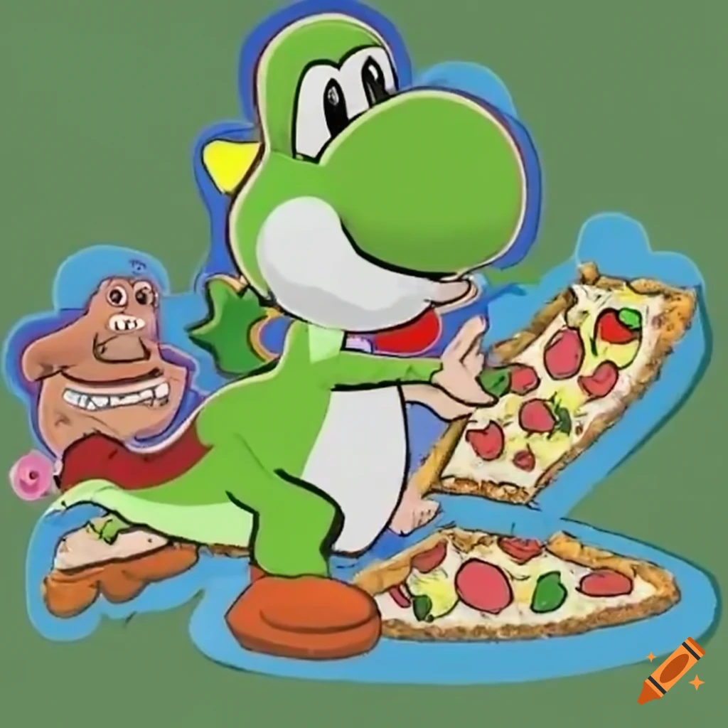 Yoshi sharing pizza with friends