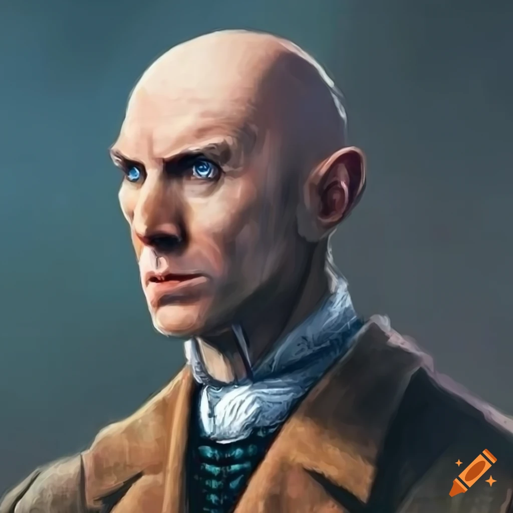 A bald, blue-skinned, blue-eyed wizard reminiscent of sherlock holmes ...
