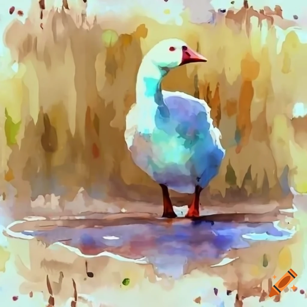 Sad goose in puddle in the forest on Craiyon