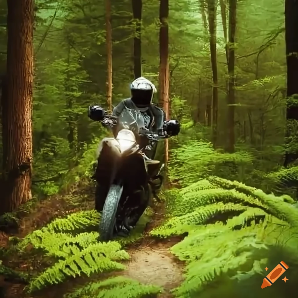 Adventure motorcycle cresting a hill in a forest, surrounded by ferns ...