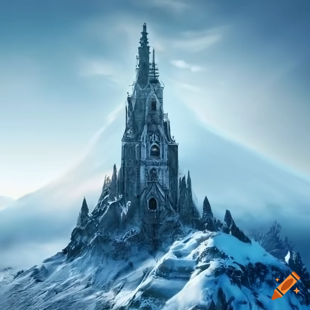 Fantasy elven alabaster tower above the tall snowy mountain, maximum ...