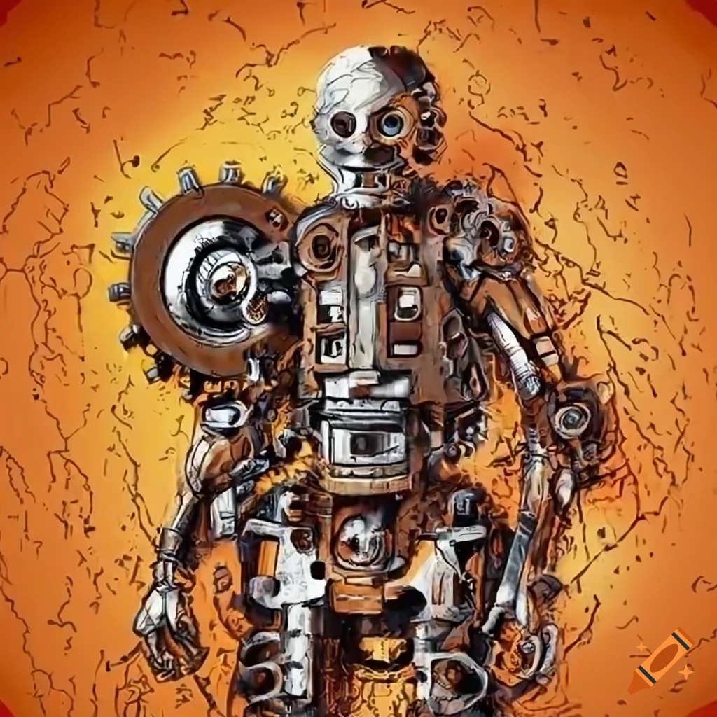 Mechanical man with gears surrounded by orange texture
