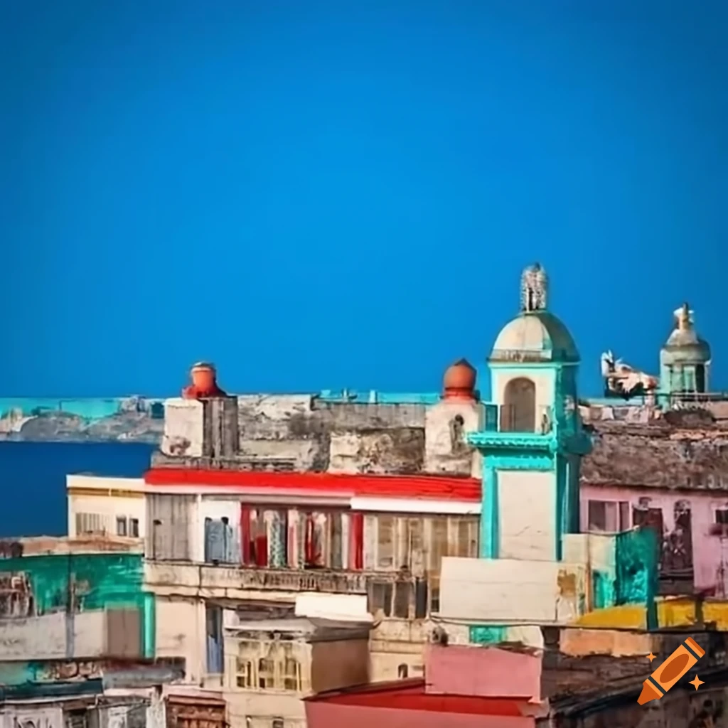 Colorful havana rooftops peeking over the tropical trees by the sea