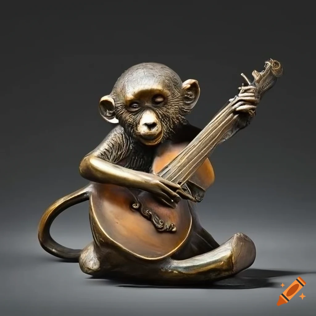 A bronze monkey statue playing musical instruments on Craiyon
