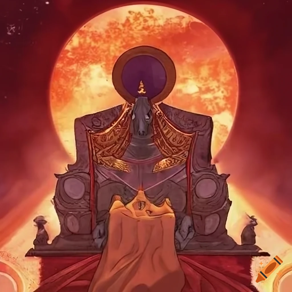 The emperor sits tensely on a simple stone throne. Around it are bald ...