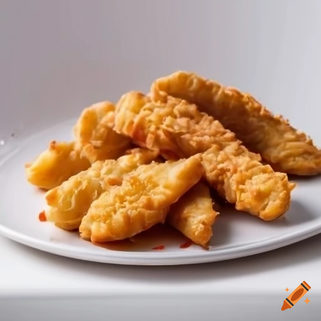 Fish goujons on a white plate on a white background