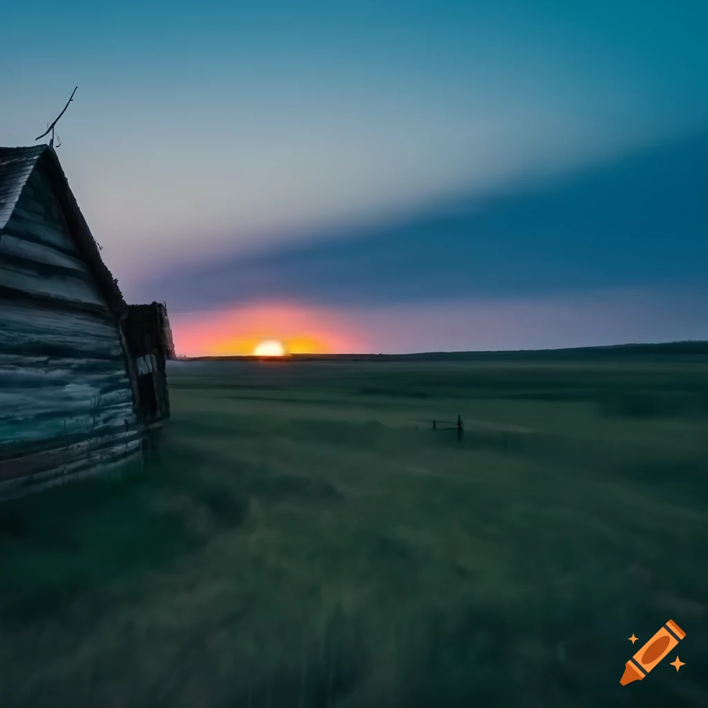 An eye-catching view of a traditional Russian old village in the steppe at dusk near the ...