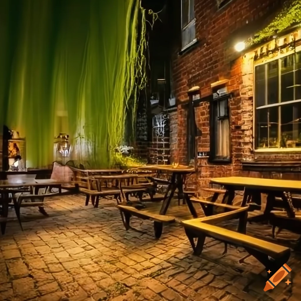 Modern brick pub with beer garden, willow trees and a river on Craiyon