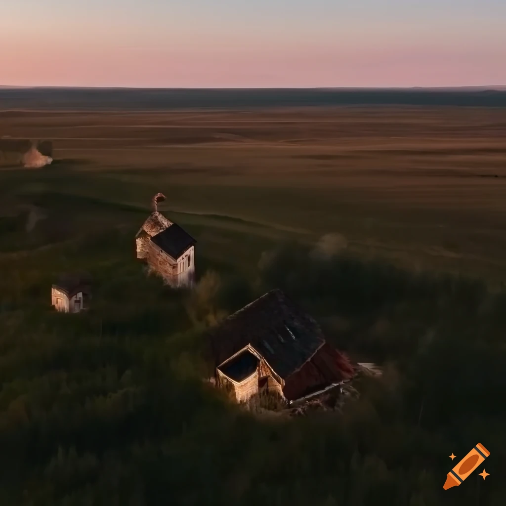 An eye-catching view of a traditional russian old village in the steppe at dusk near the ...
