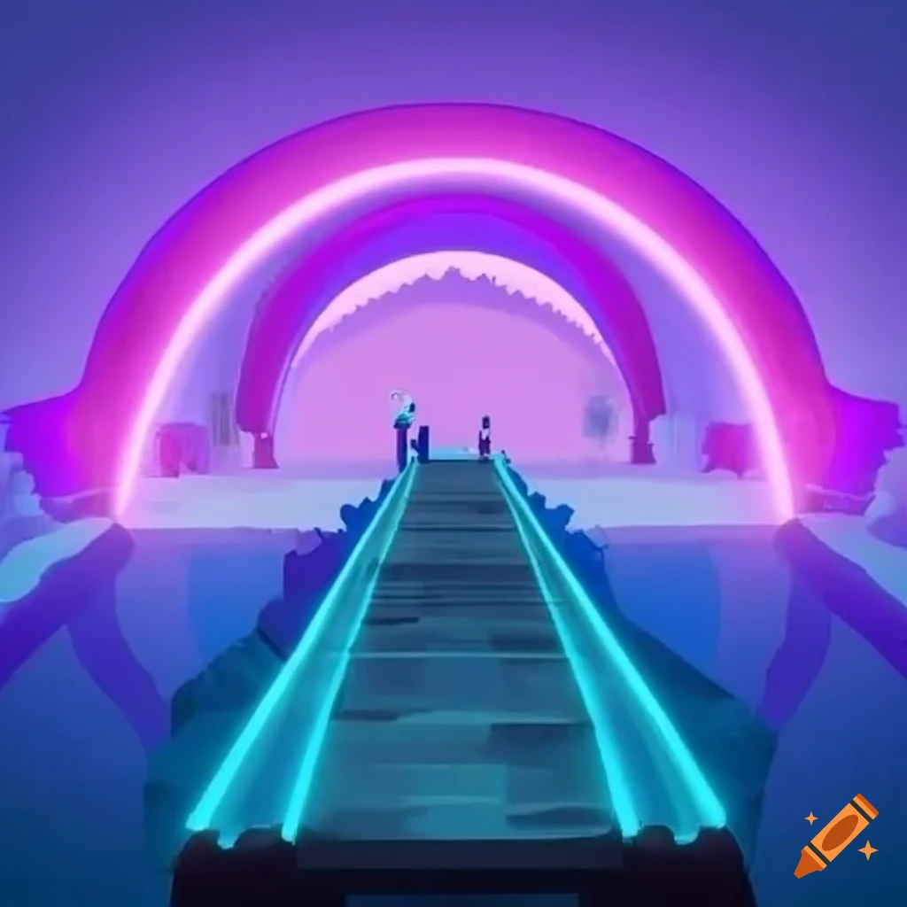 An happy bridge from a videogame with a kid. in purple and blue ...