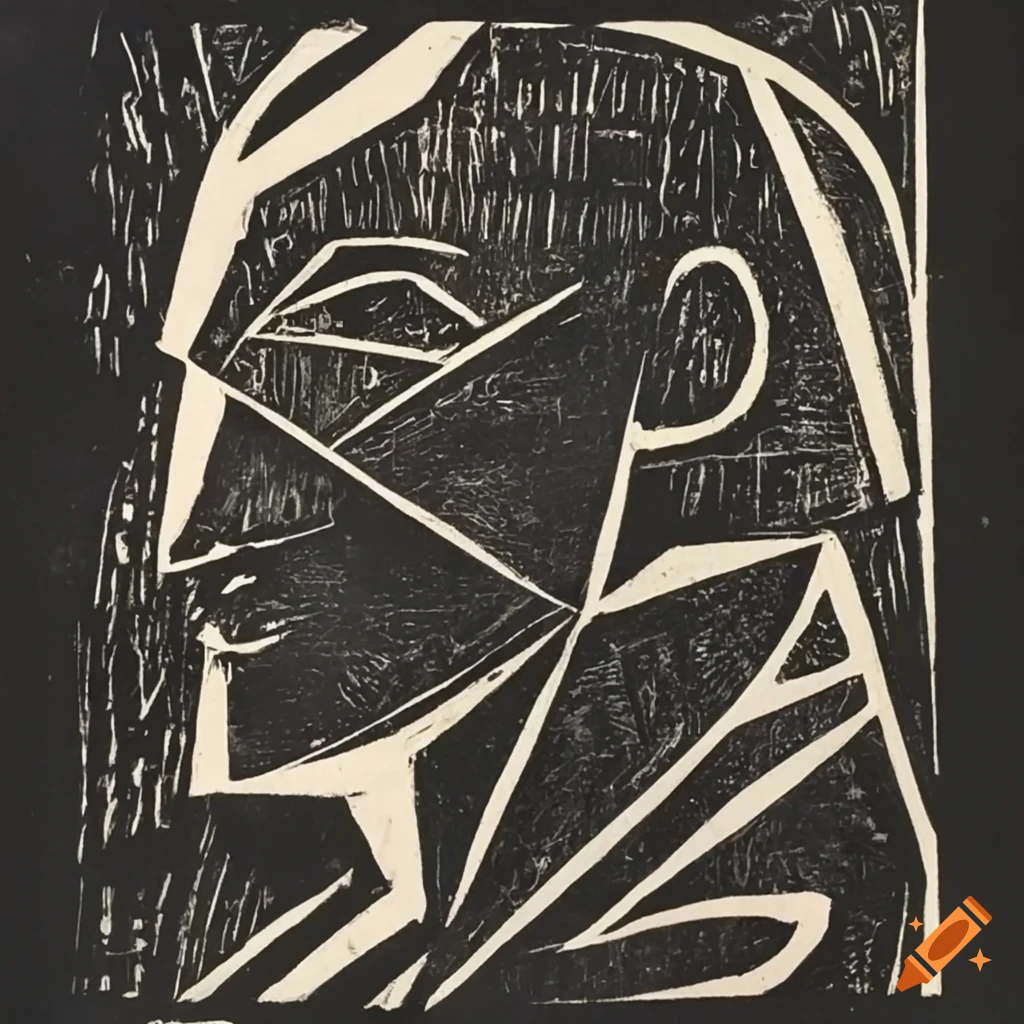 Communist cubist face in profile expressionist woodblock print black ...