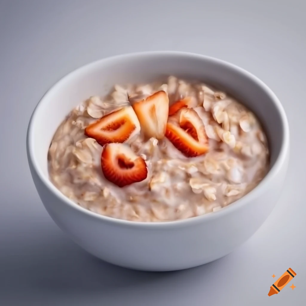 Cooked creamy plain oatmeal in a white bowl, white background on Craiyon