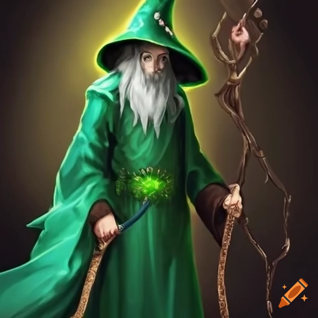 A mischievous wizard with a magical staff and a green cloak on Craiyon