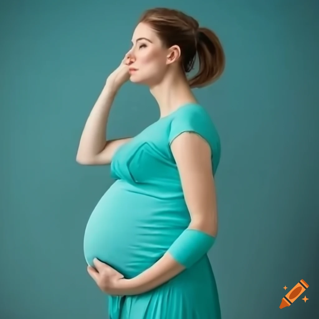 Pregnant woman without face visible from a side dressed in turquoise on ...