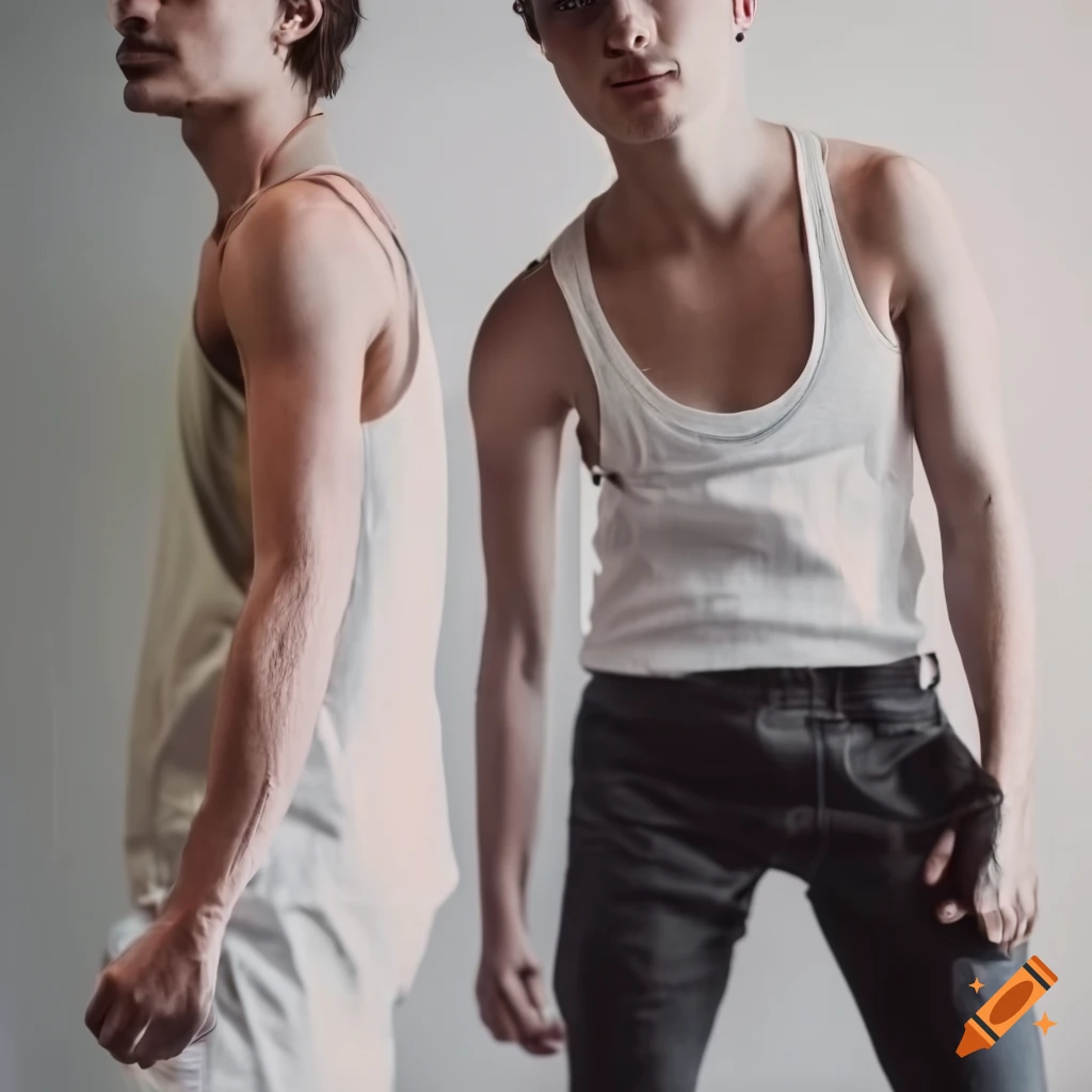 Close-up of two men in tank top with white background vintage style