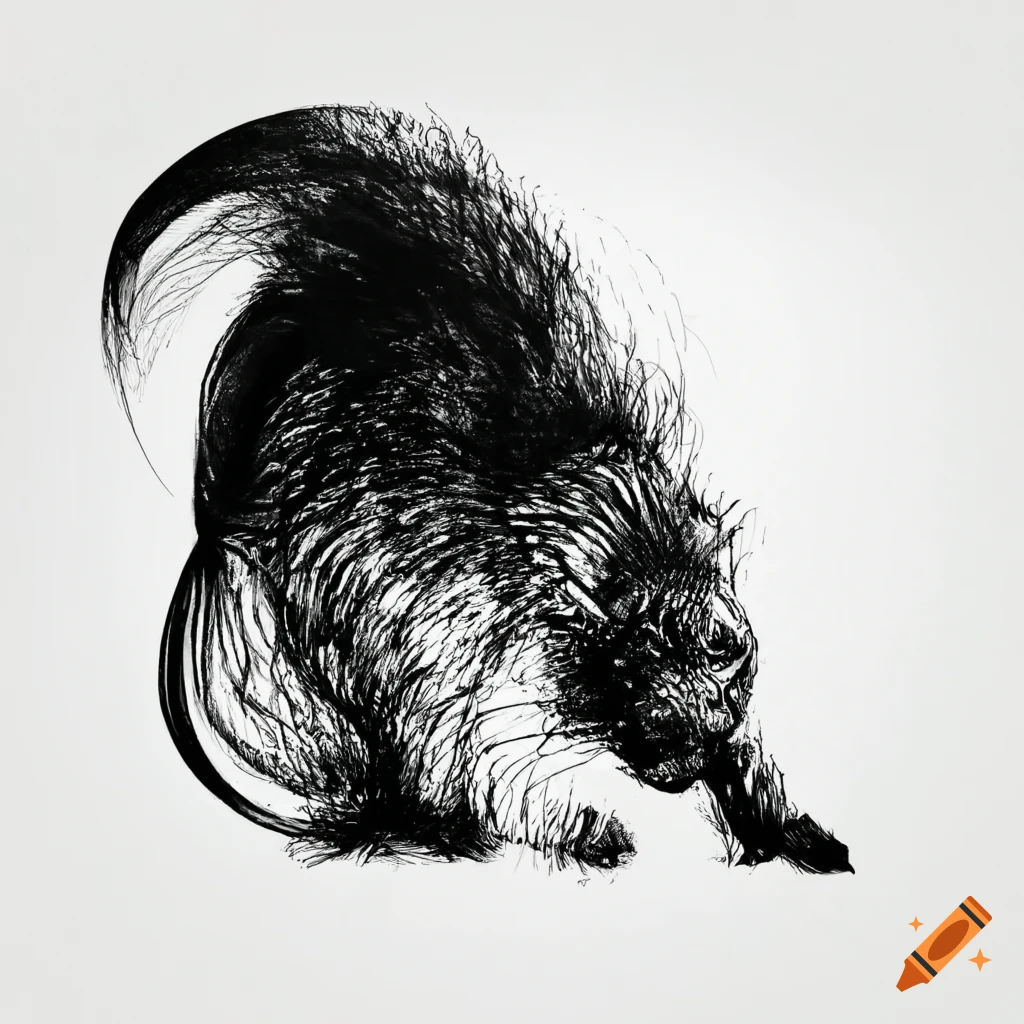 Black ink drawing of an abstract animal in motion on white paper on Craiyon