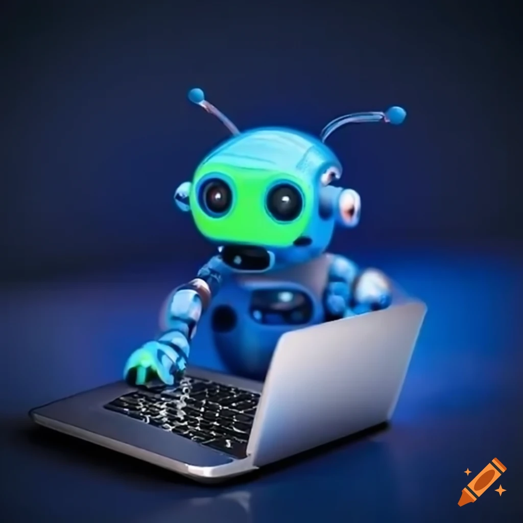 A tiny cute colorful robot using a shiny laptop on Craiyon