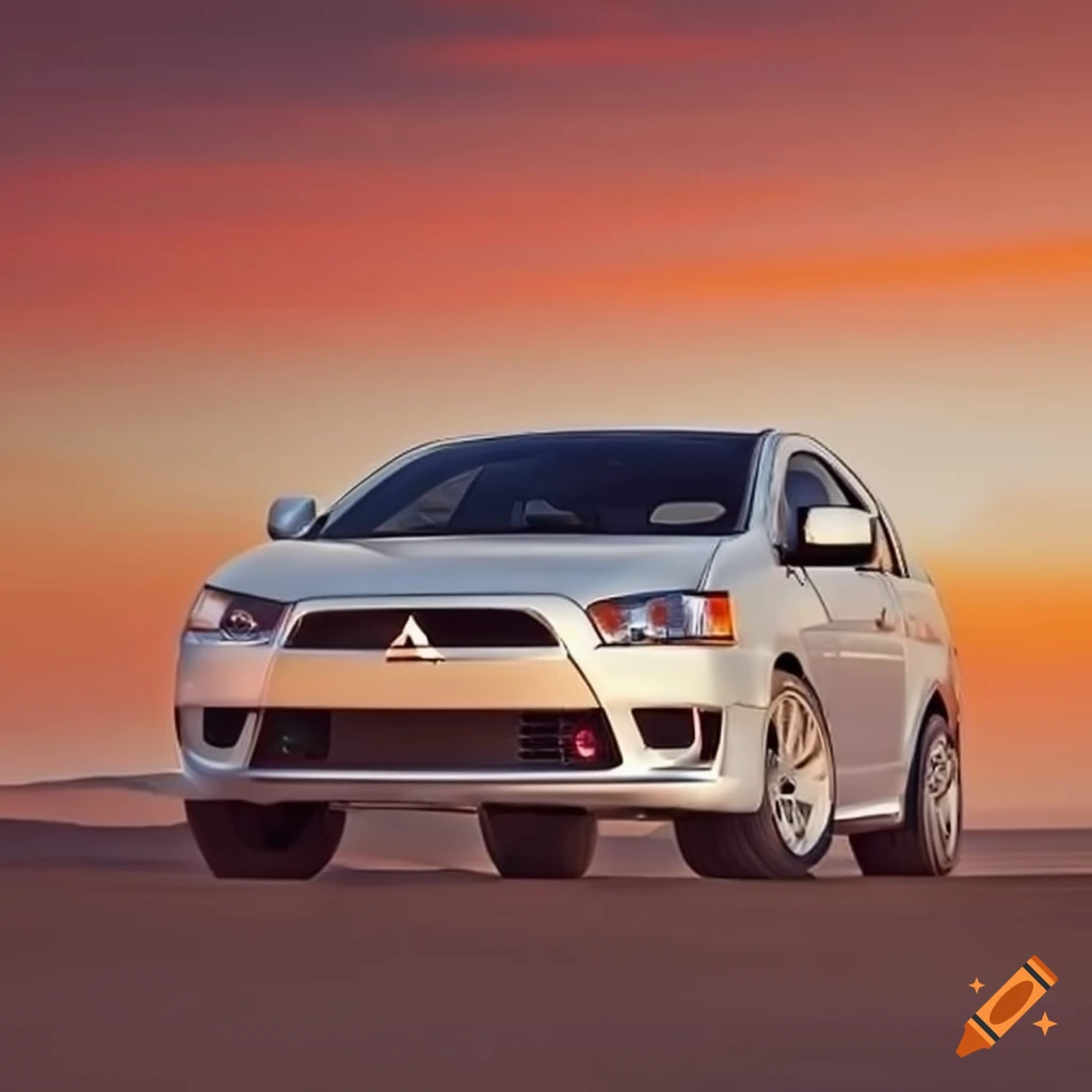 2014 white mitsubishi lancer ralliart in the desert sunset on Craiyon