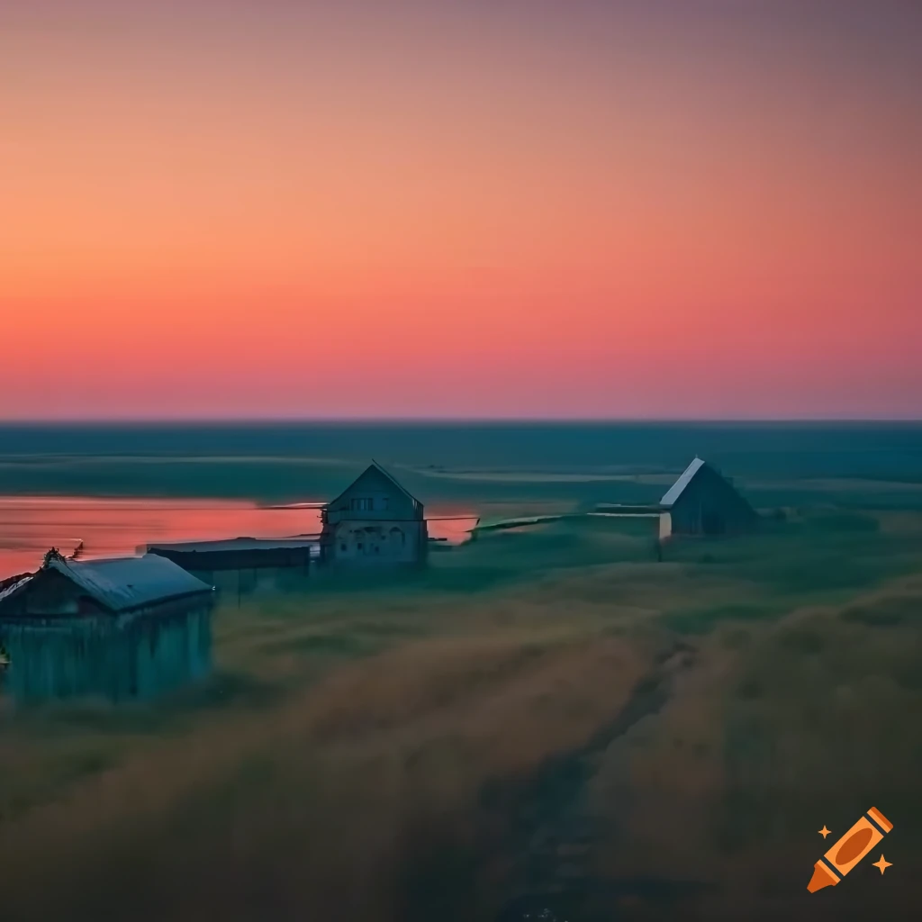 An eye-catching view of a traditional Russian old village in the steppe at dusk near the ...