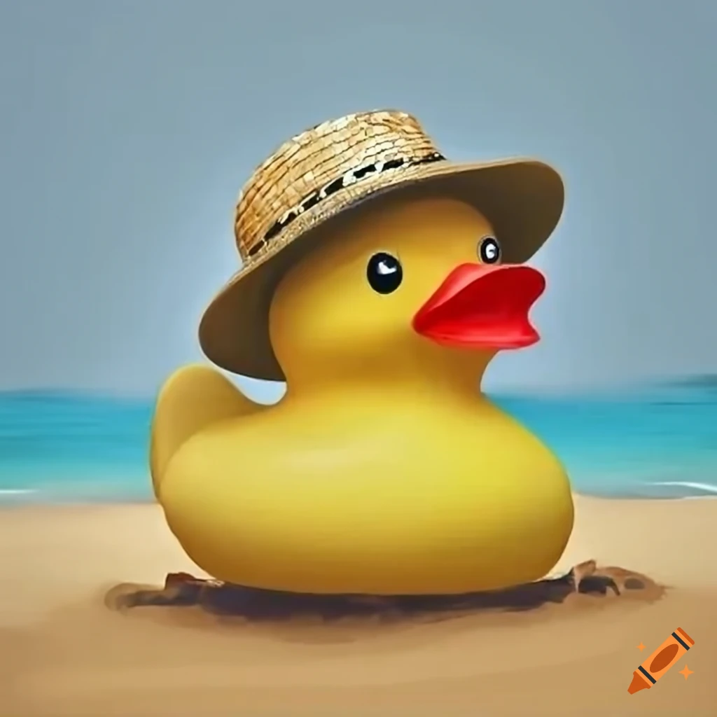 A rubber duck wearing a straw hat in a beach on Craiyon