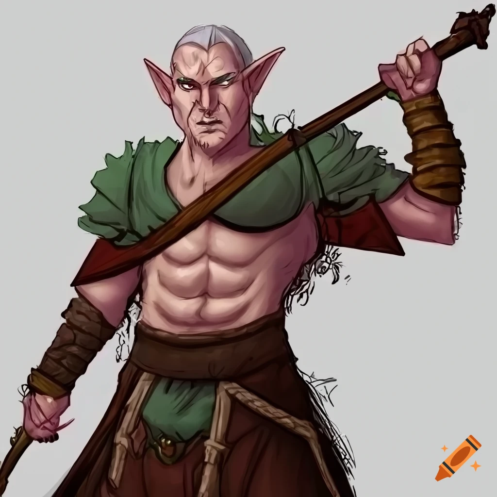 Draw a dungeons and dragons inspired elf named Brogand the Elder. He is ...