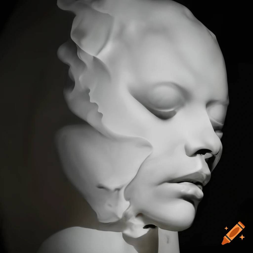 Surreal marble sculpture of a human face that is amorphous and displays movement like a liquid ...