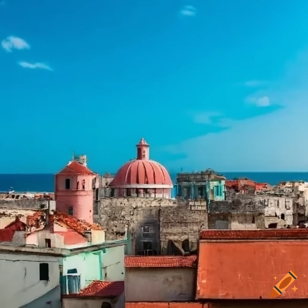Colorful havana rooftops peeking over the tropical trees by the sea
