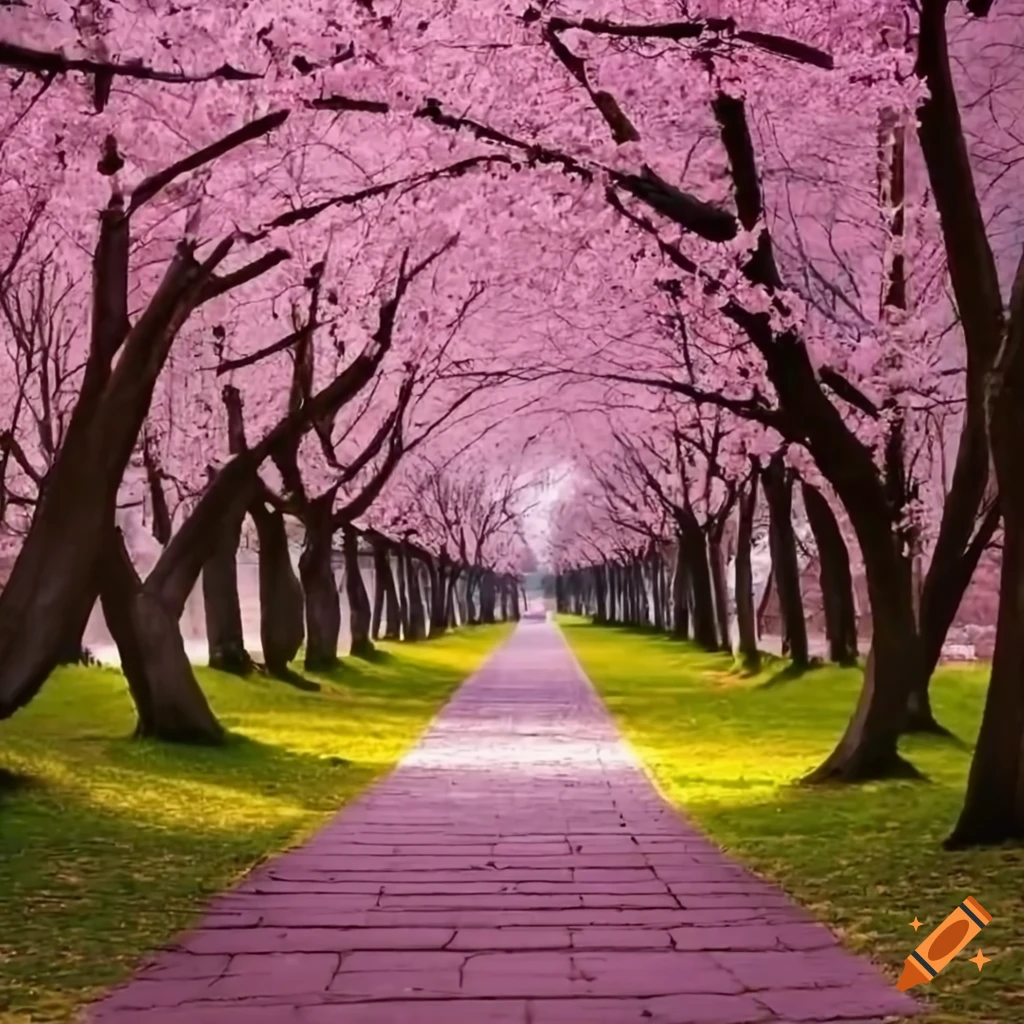 Cherry blossom trees with footpath passing through the center of the trees